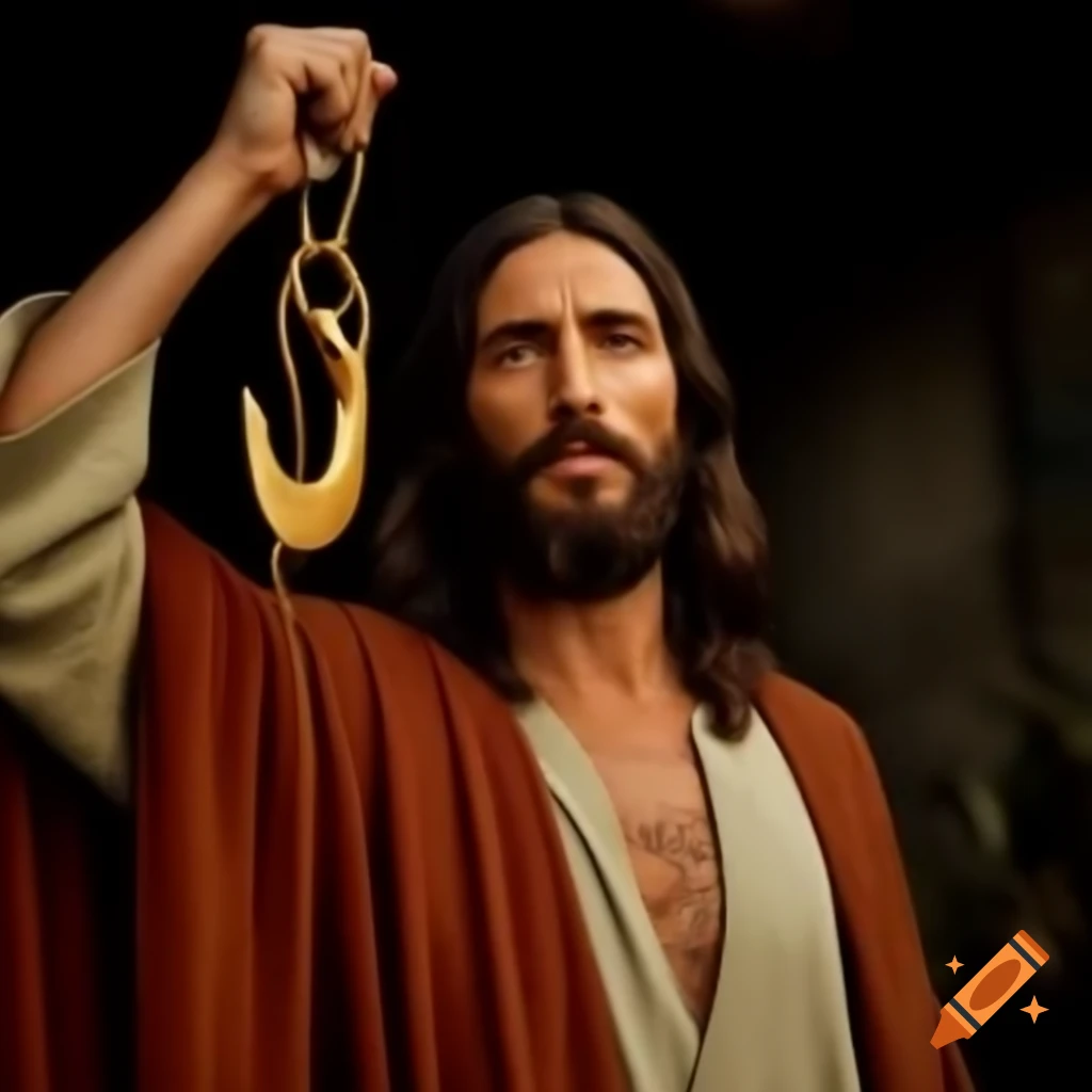 Conceptual scene with number 5, lifting hook, and Jesus with fishermen ...