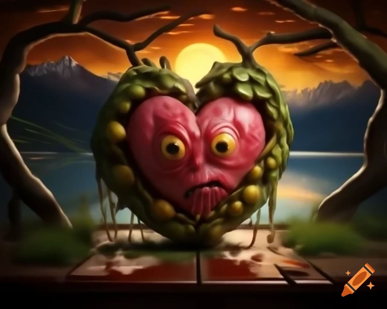 Mutant lemon fruit tree monster on wooden table in golden-hour forest ...