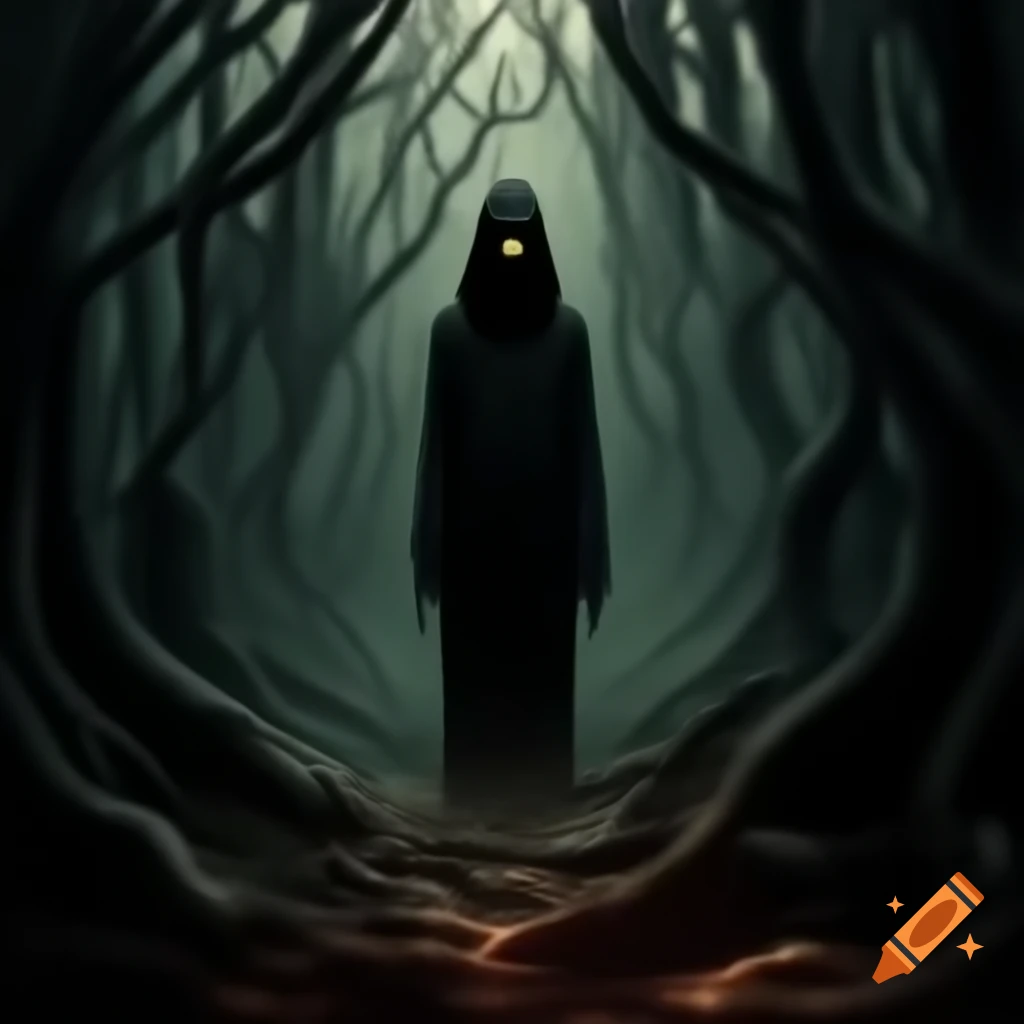 Eerie faceless figure with tall black silhouette among bushes and trees ...