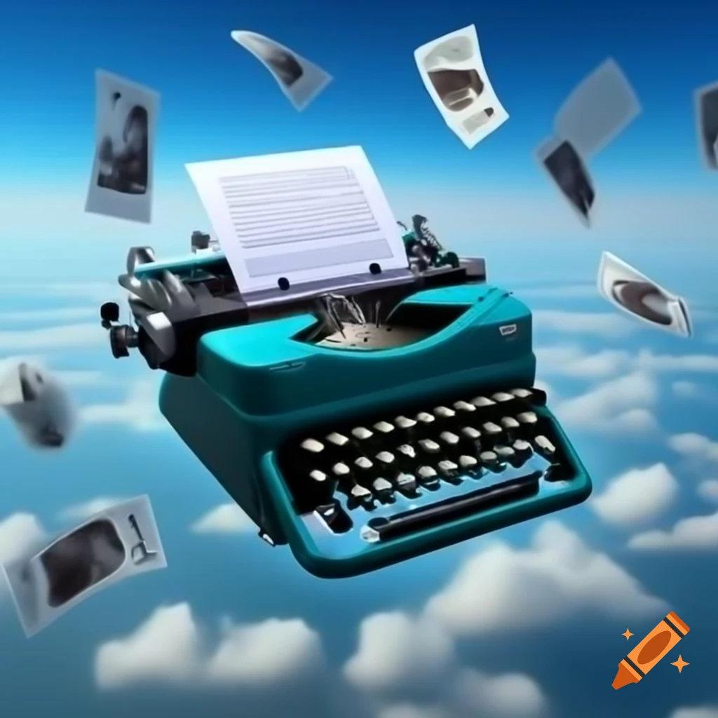 Futuristic digital art of floating typewriter keys in cybernetic sky on ...