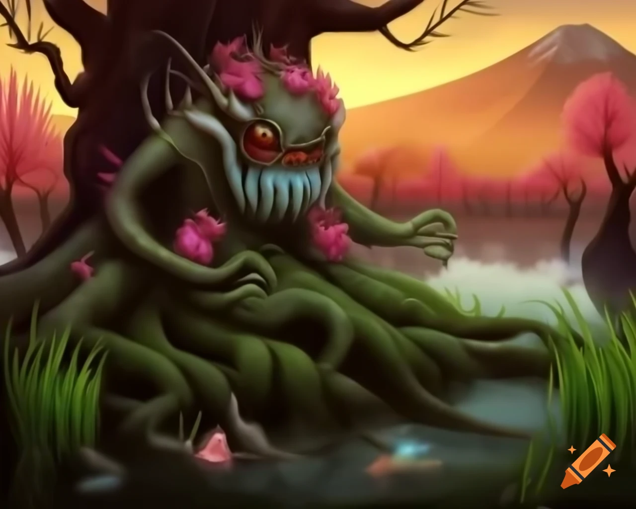 Humanoid tree monster close-up in golden forest at sunset on Craiyon