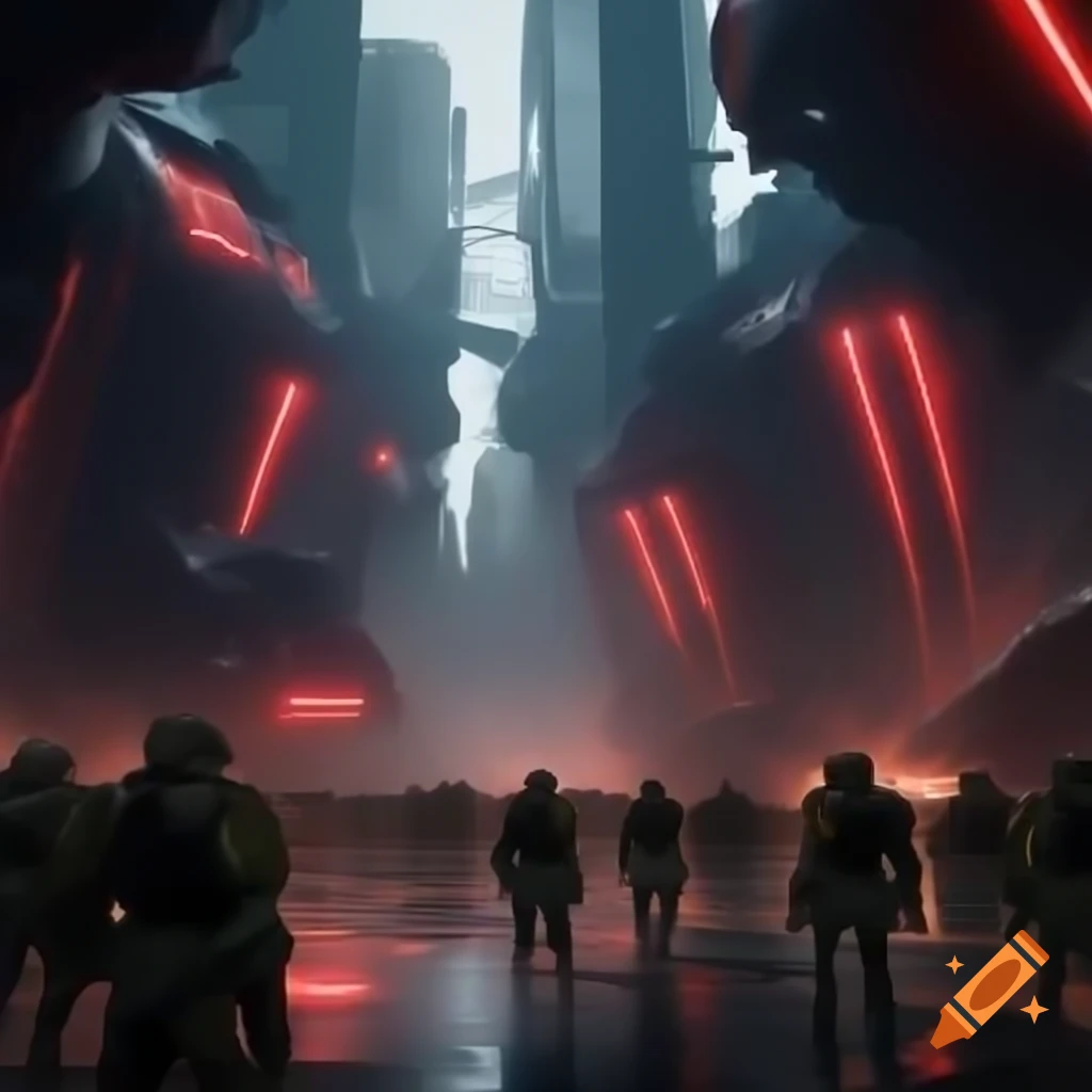 Futuristic city with red lights and mechs, featuring SynthGuards in ...