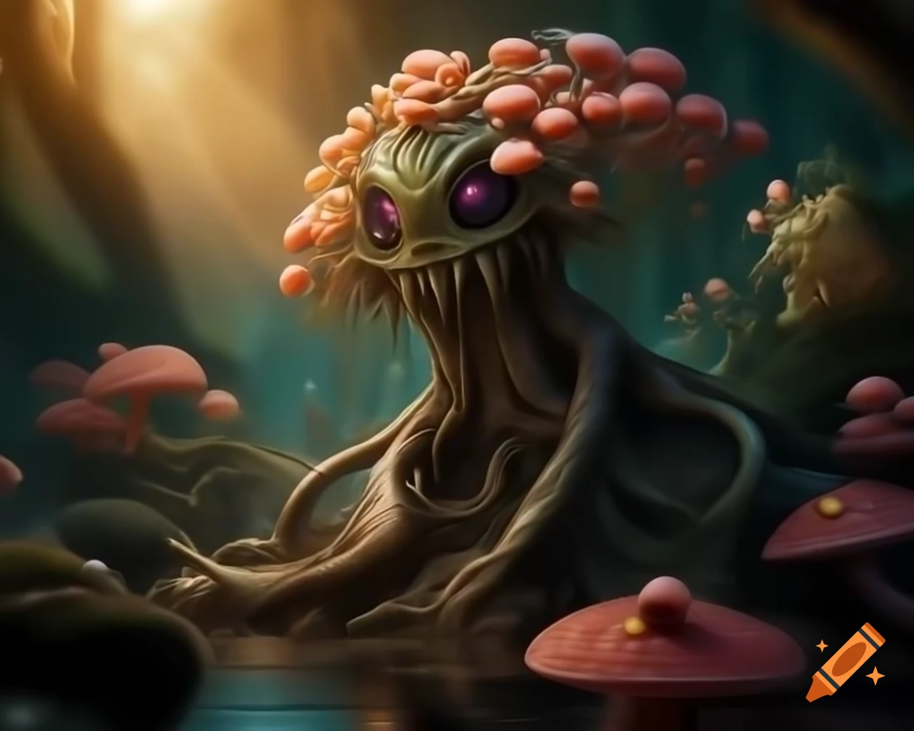 Humanoid Tree Monster close-up in golden forest at sunset on Craiyon