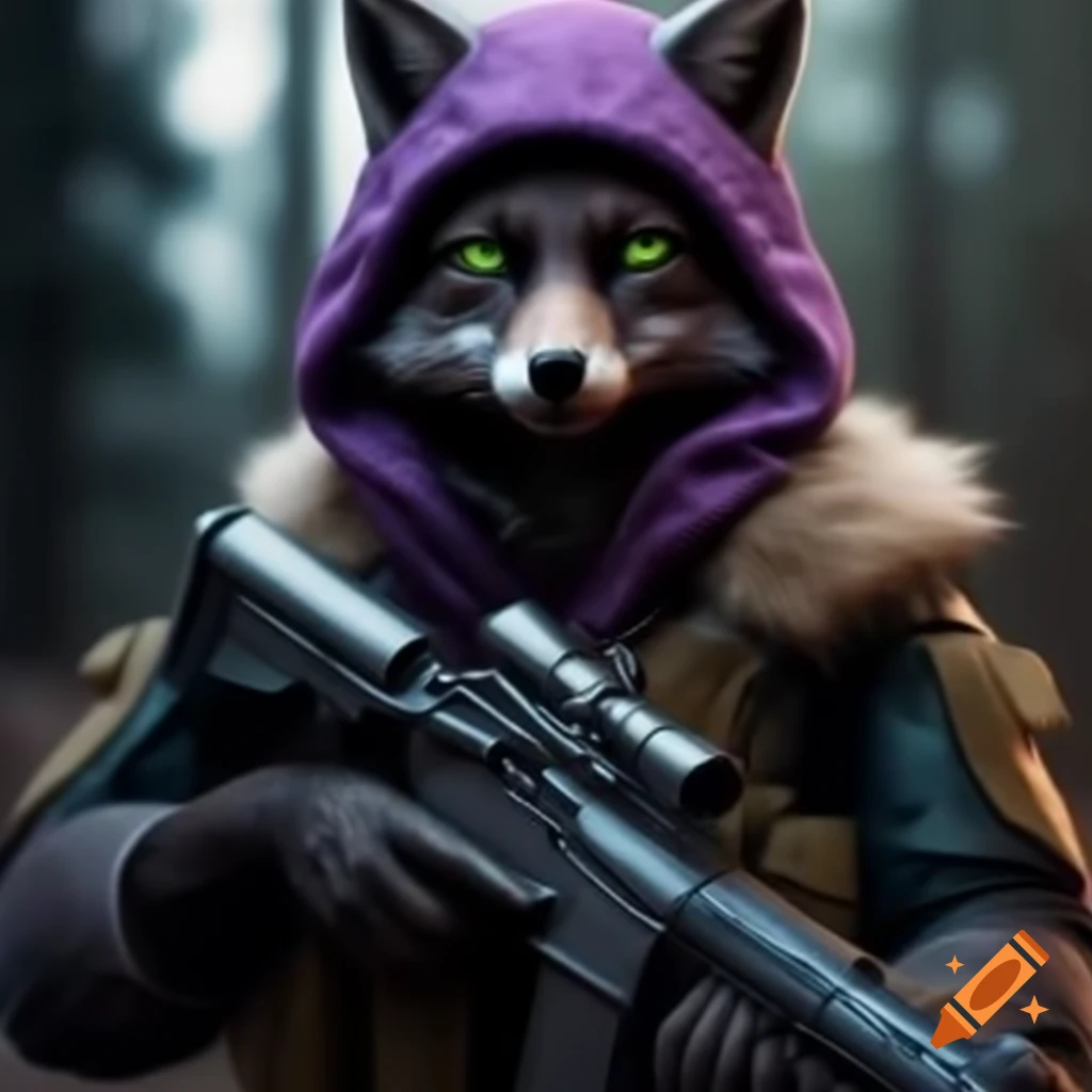 Realistic sleek black fox in military armor holding sniper rifle ...