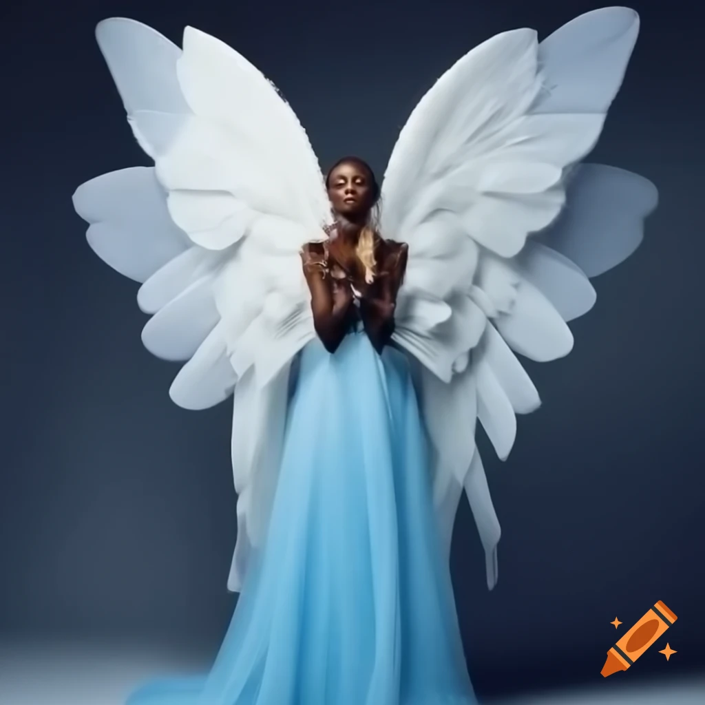 Cynthia Erivo as angel in sparkly light blue dress with white wings on ...