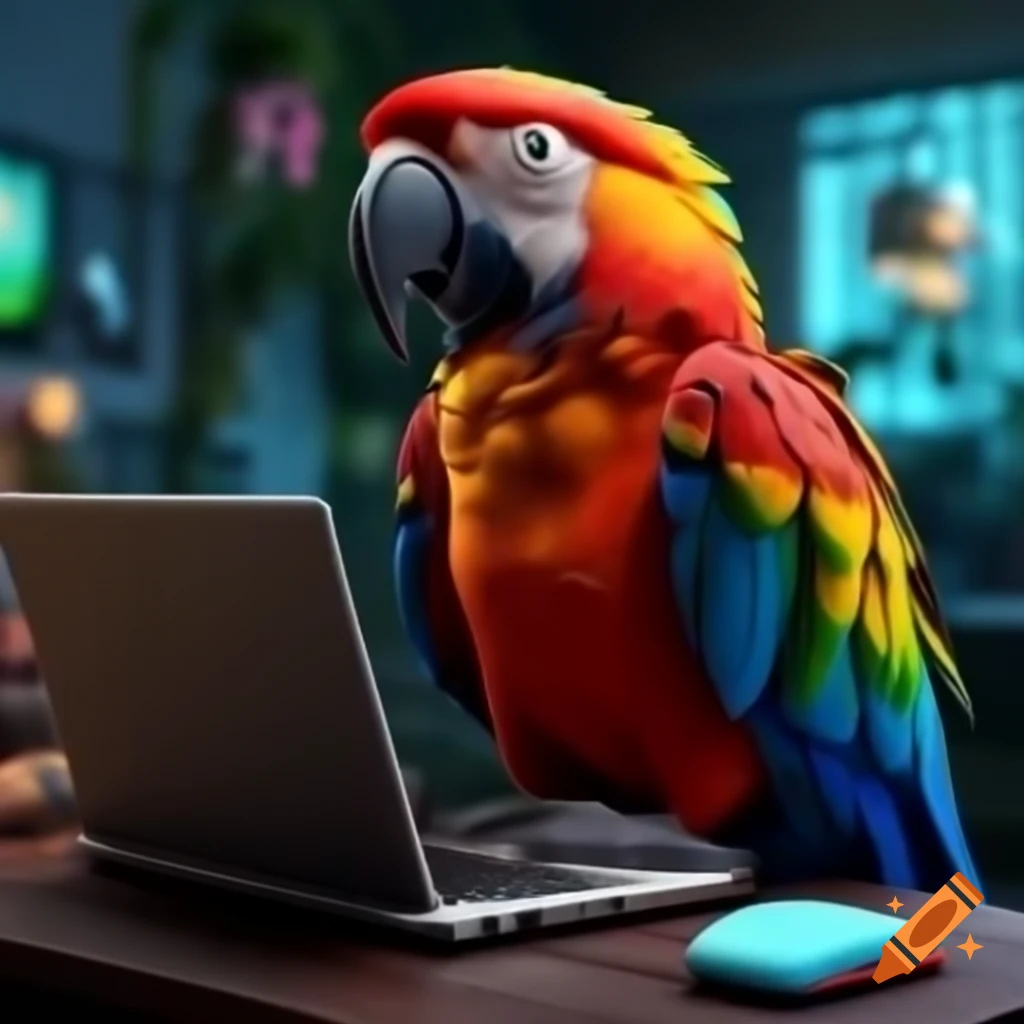 Parrot using a laptop with gamer skills on Craiyon