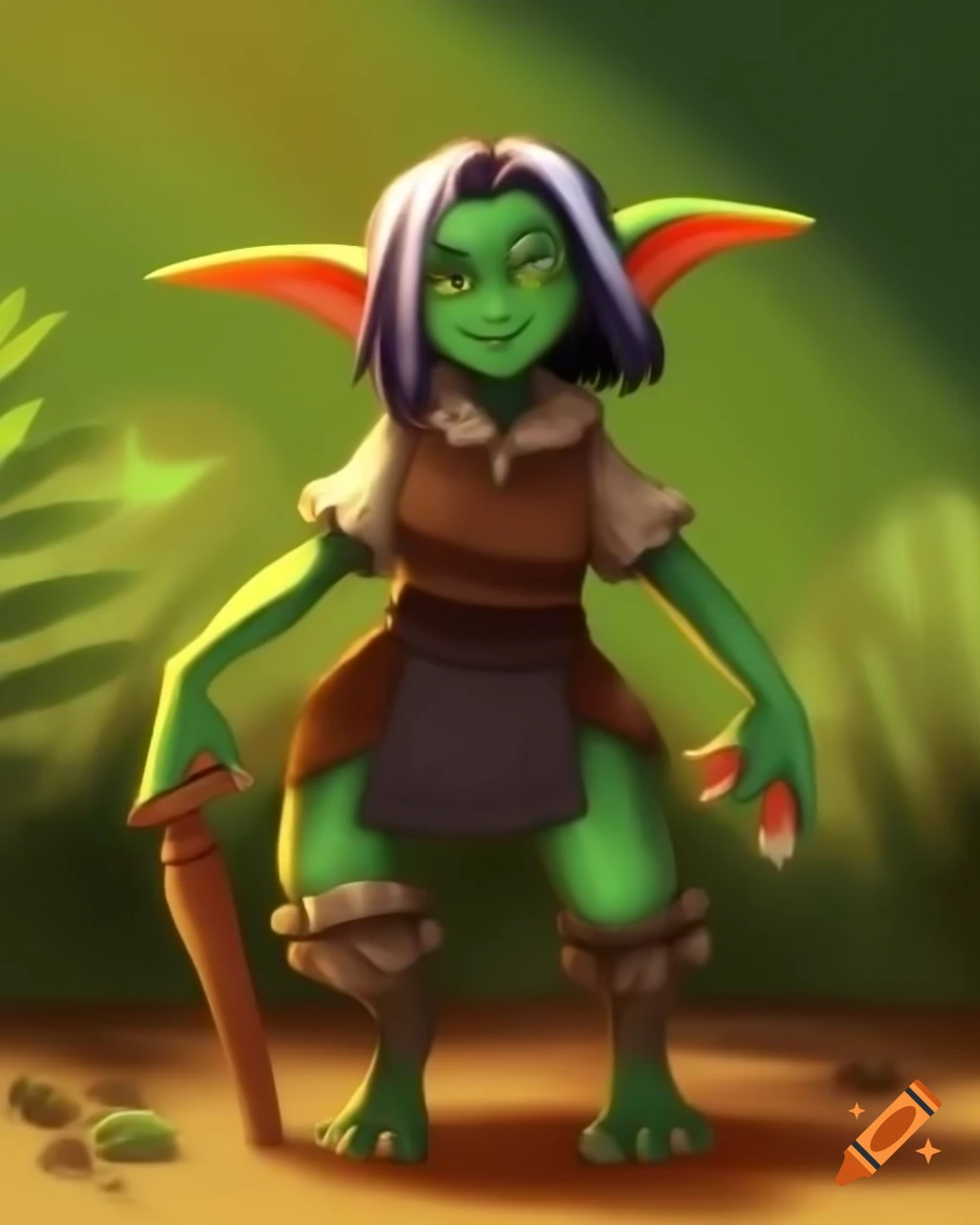 Green-skinned goblin girl in harem dancer outfit at lush oasis on Craiyon