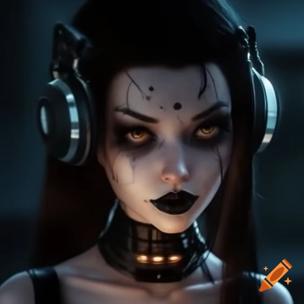 24-year-old with soft cyber-gothic style, long wavy purple-highlighted hair in braid on Craiyon