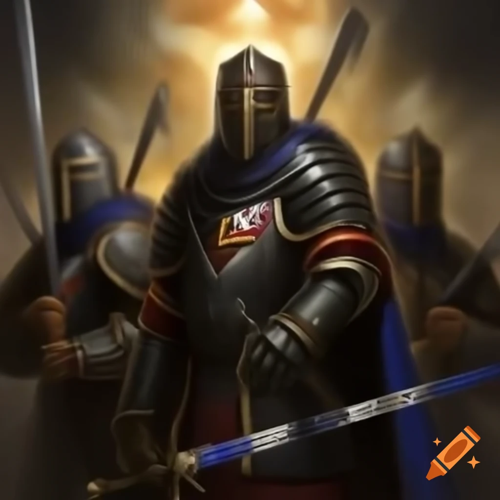 Knights in battle scene from 1380 with Bosnian lilies on shields on Craiyon