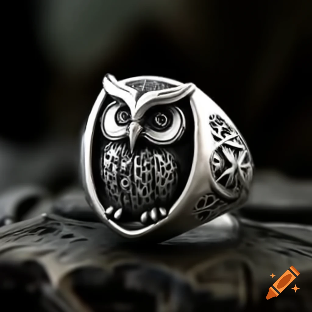 Silver signet ring with owl motif and serpent-inspired design in gothic ...