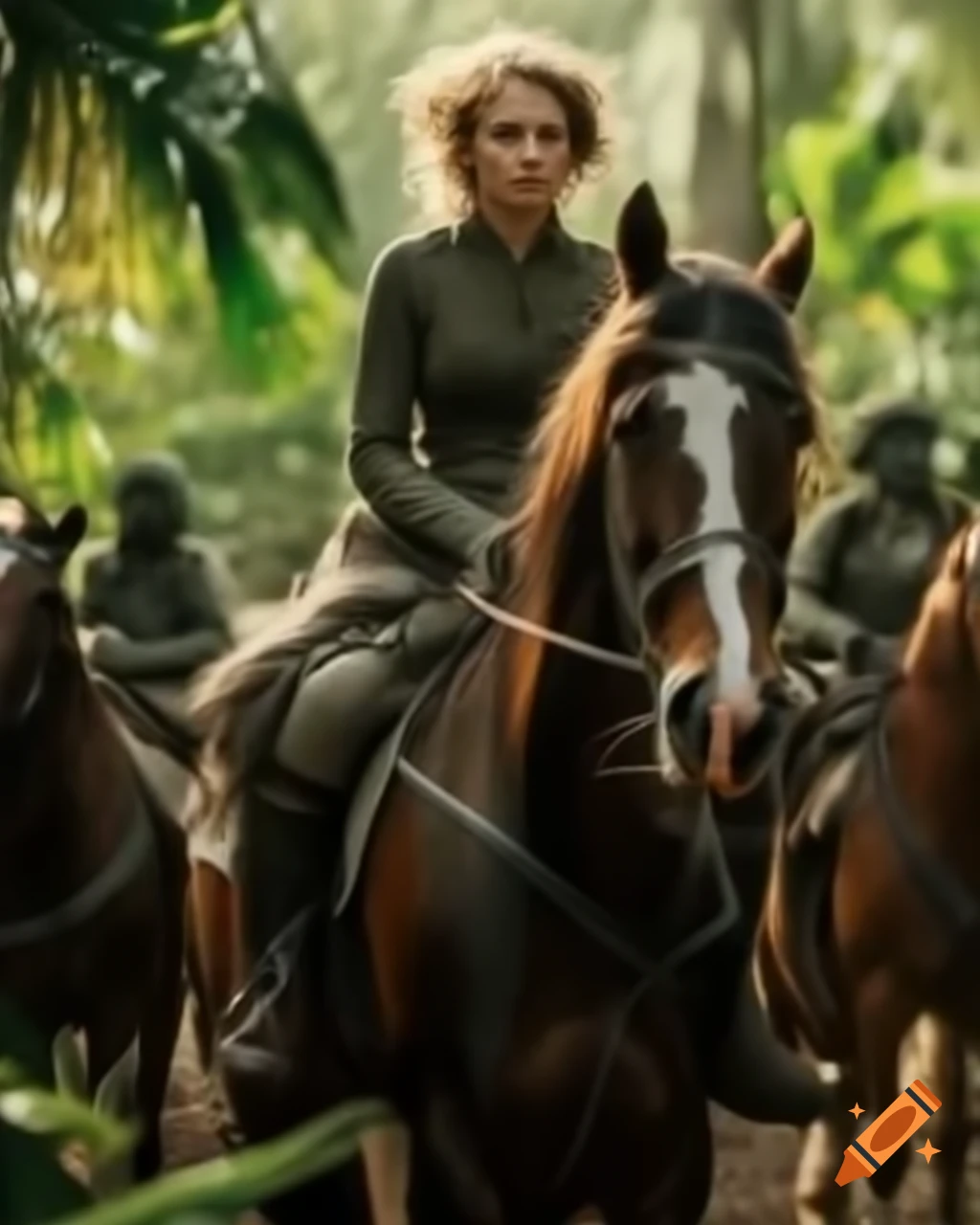 Medieval princess riding horse through jungle with soldiers following ...