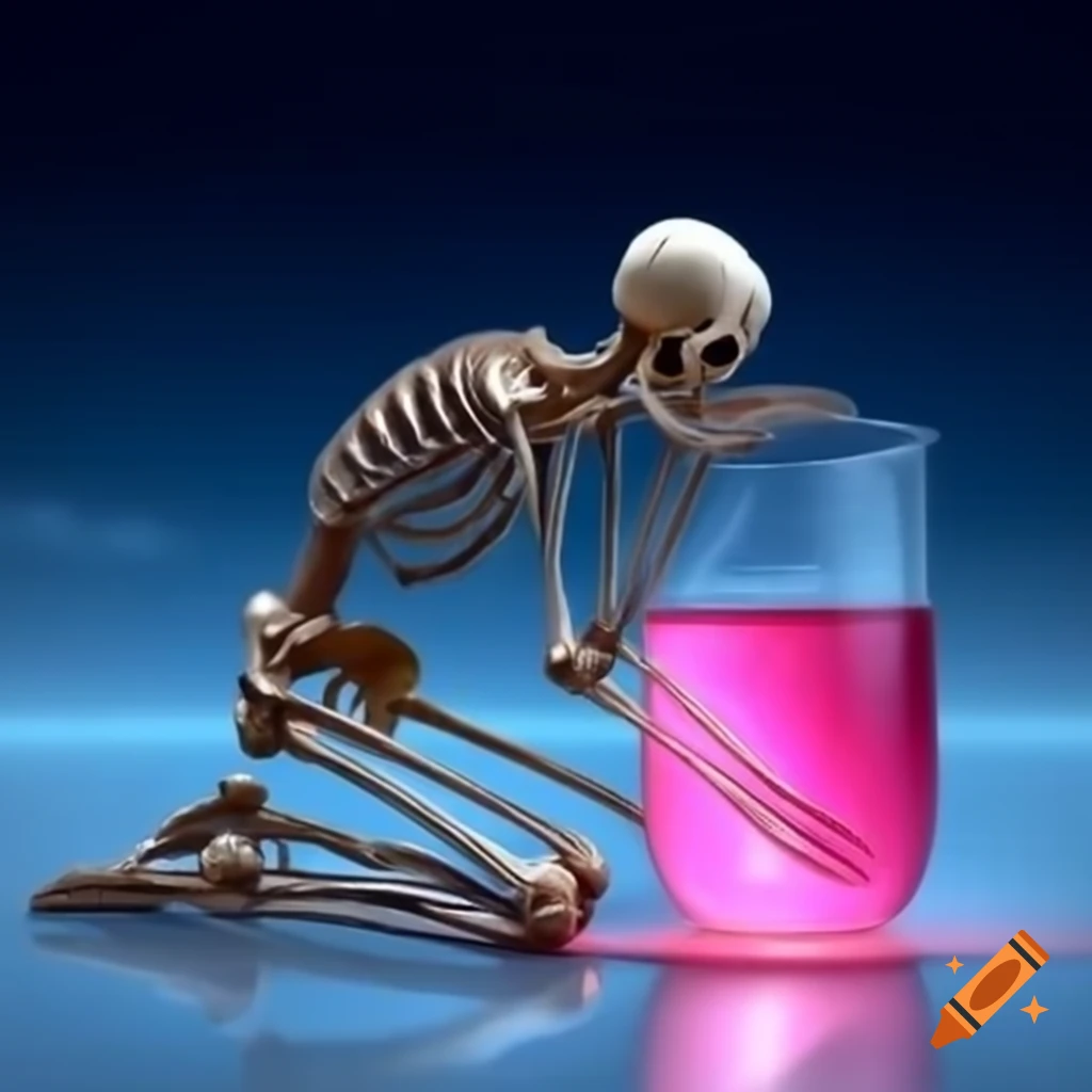 Skeleton praying with glass of pink liquid hovering, lit by sky light ...