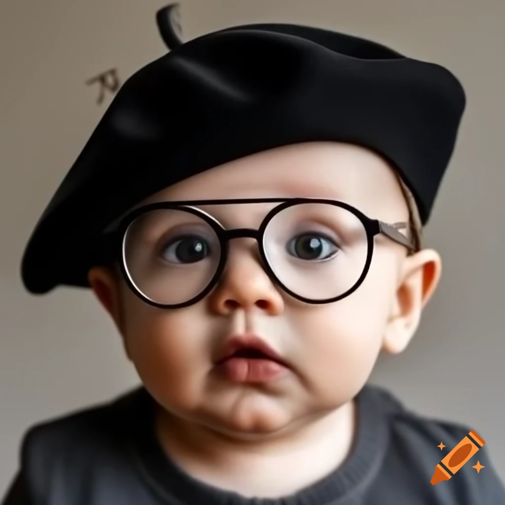 Infant with curly hair wearing black Basque beret and thin glasses on ...