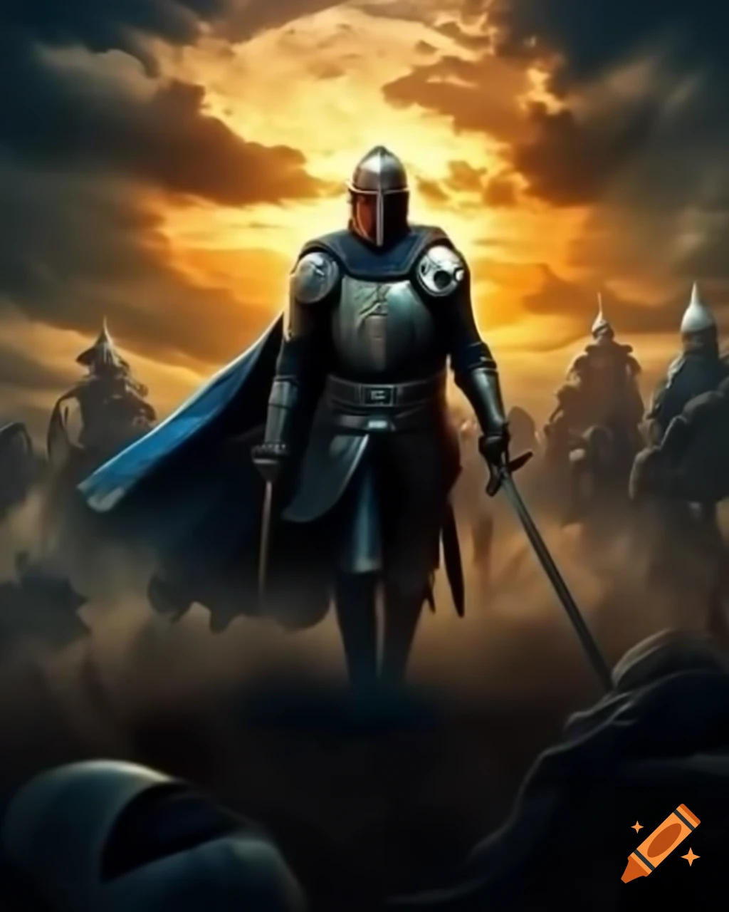 Lone knight rising from battlefield with sunlight breaking through ...