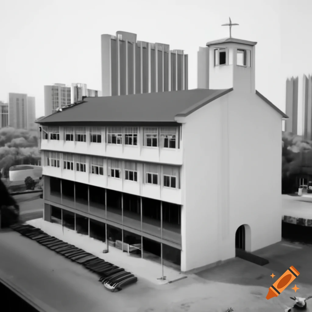 Three-story church building viewed from the side with receding top ...