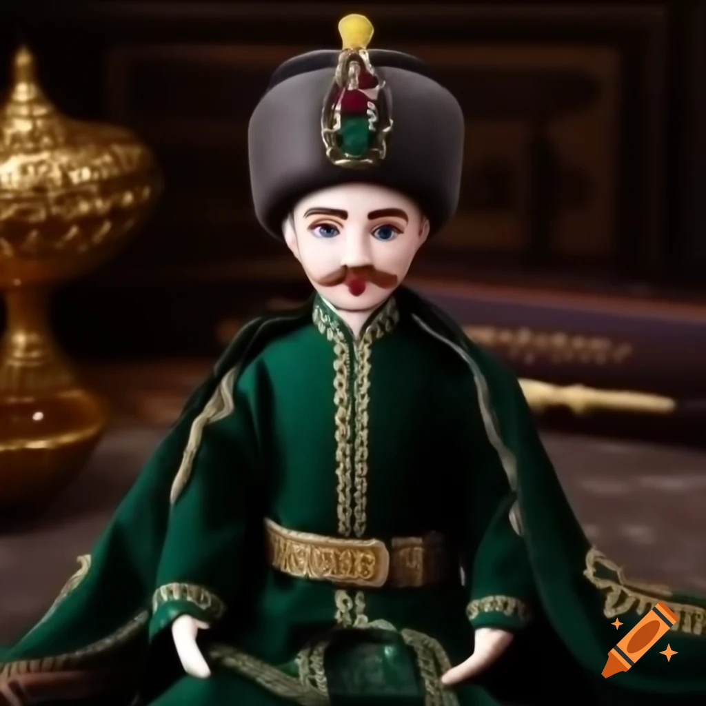 Regal Ottoman doll of Sultan Suleyman in dark green kaftan with gold ...