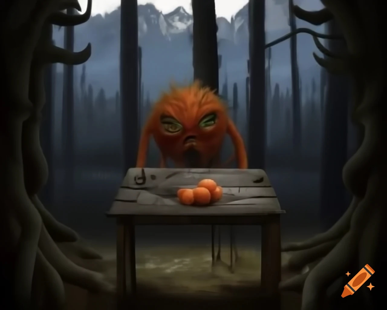 Humanoid Orange Fruit Tree Monster with eerie features made of decaying ...