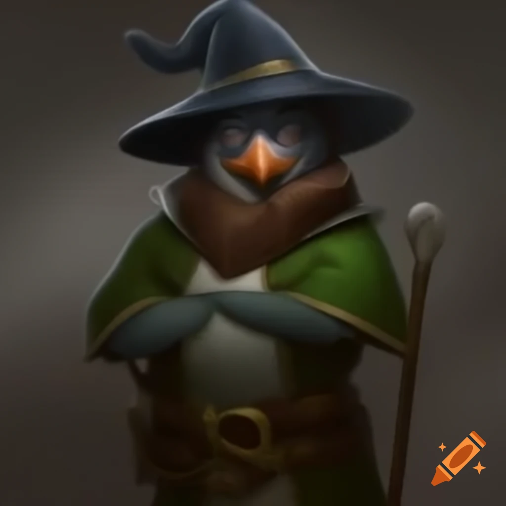 Medieval wizard penguin in green robes and hat holding staff on Craiyon