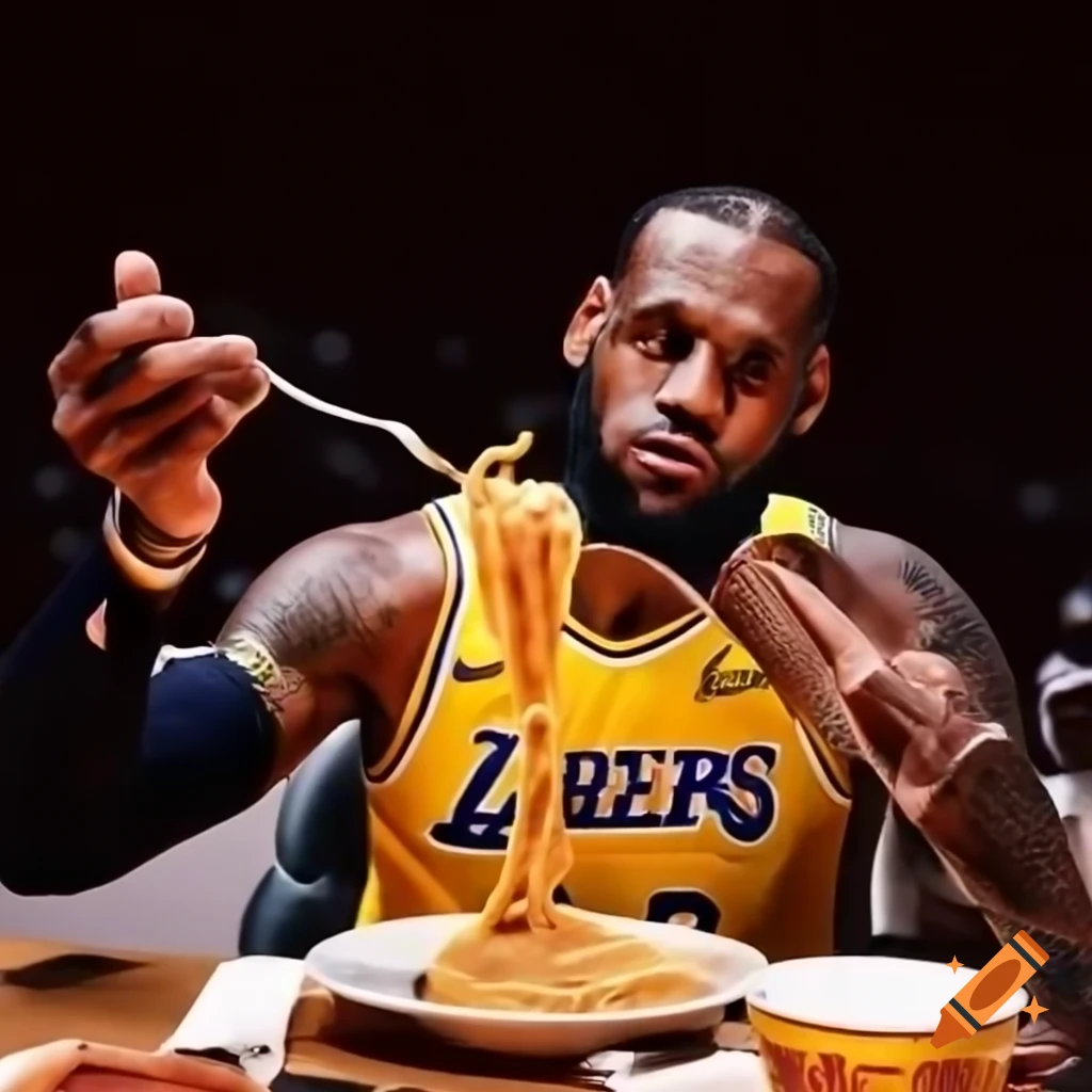 LeBron James enjoying spaghetti during a basketball game on Craiyon