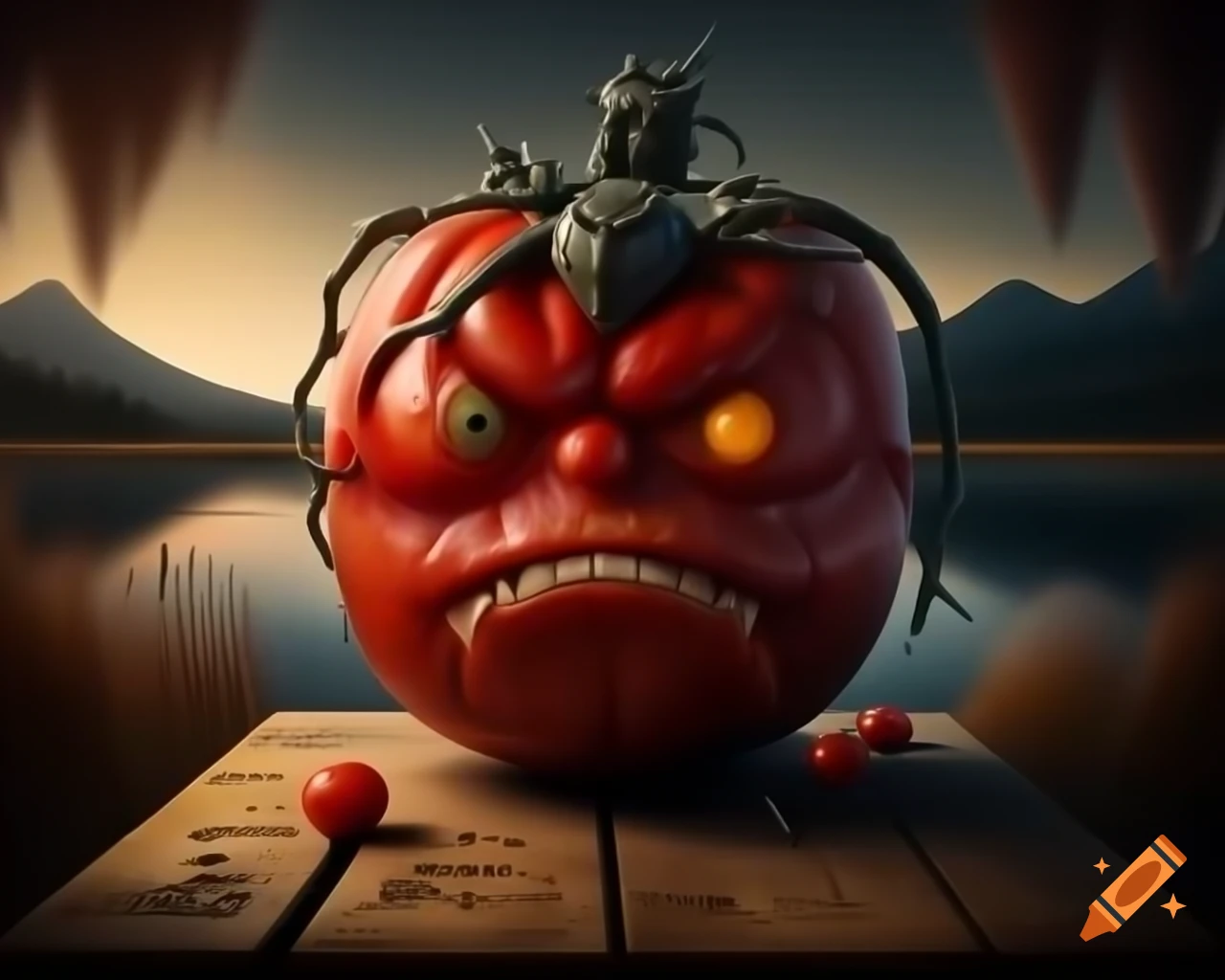 Tomato Fruit Monster with scaly skin and thorny appendages on wooden ...