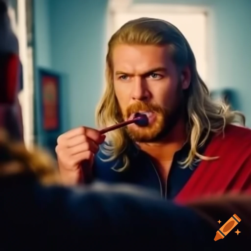 Thor brushing his teeth in front of a mirror on Craiyon
