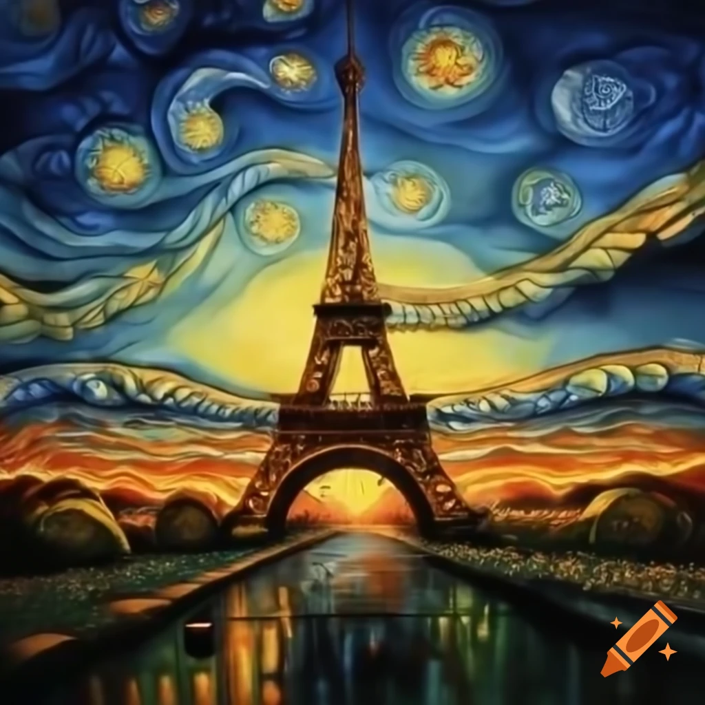 Eiffel Tower at sunset painted in Van Gogh style on Craiyon