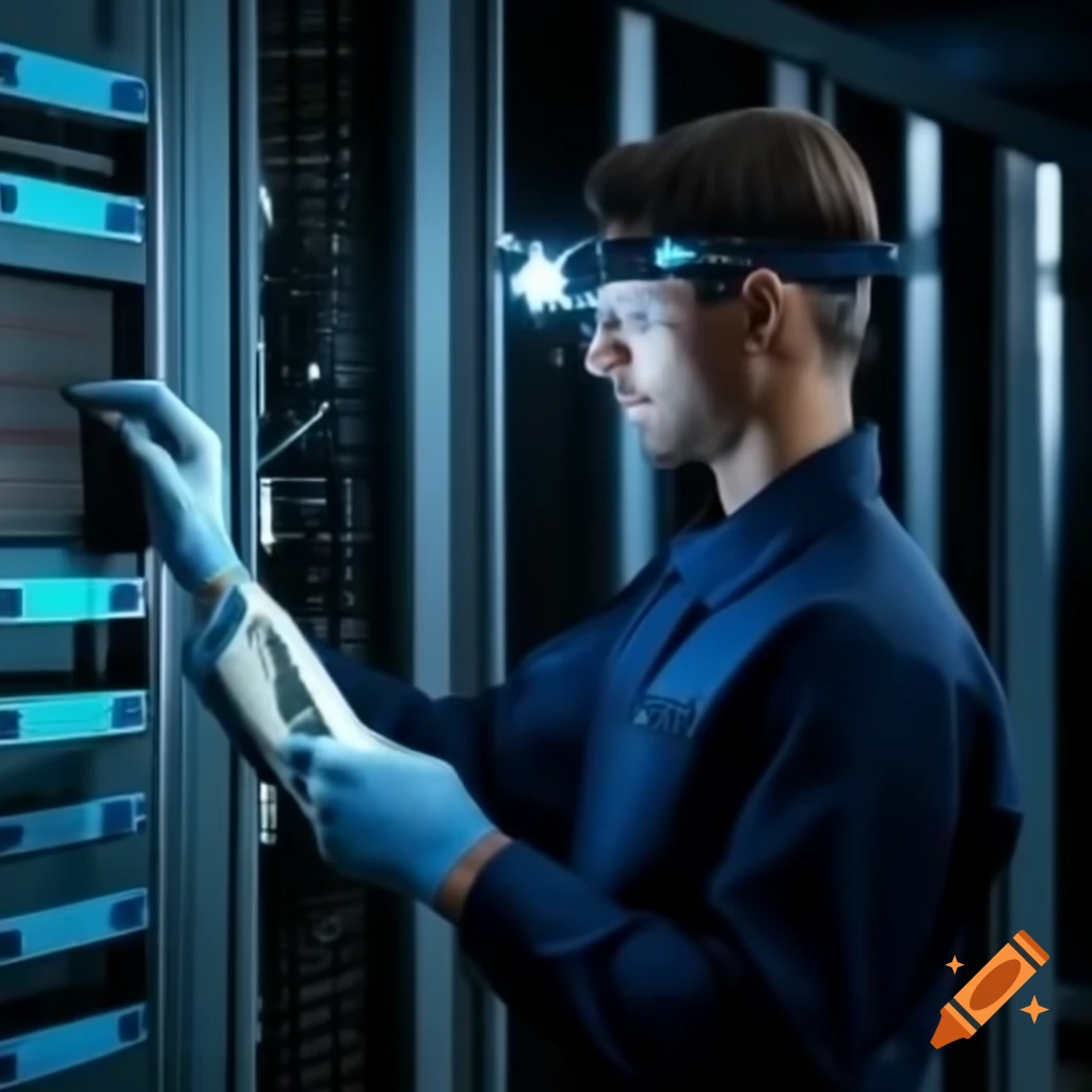 Technician inspecting data rack with headlamp in dimly lit data hall on ...
