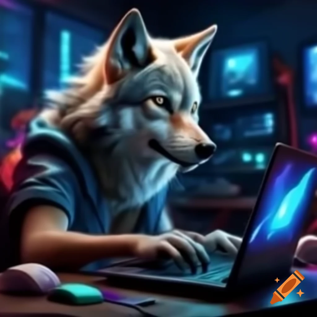 Grey wolf using laptop showcasing gaming skills on Craiyon