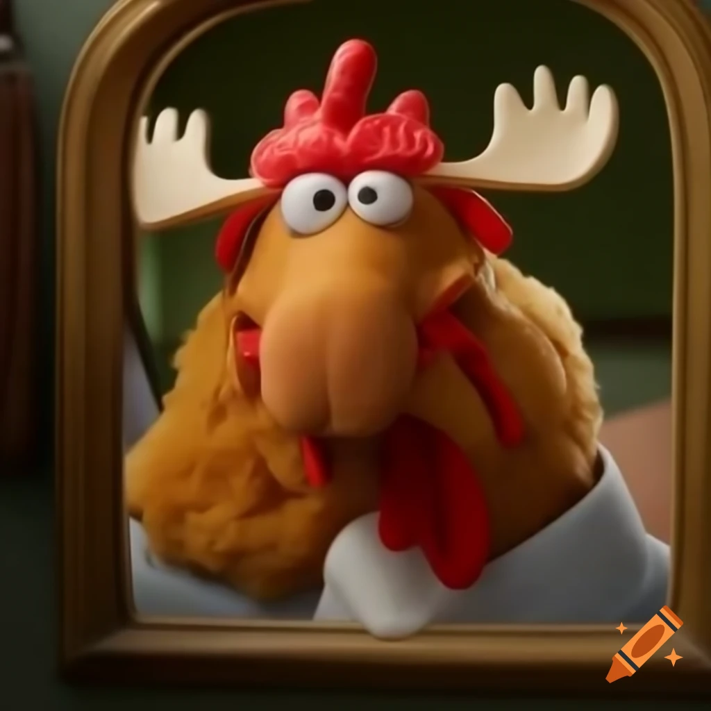Old moose in chicken costume with crazy hair looking in mirror on Craiyon