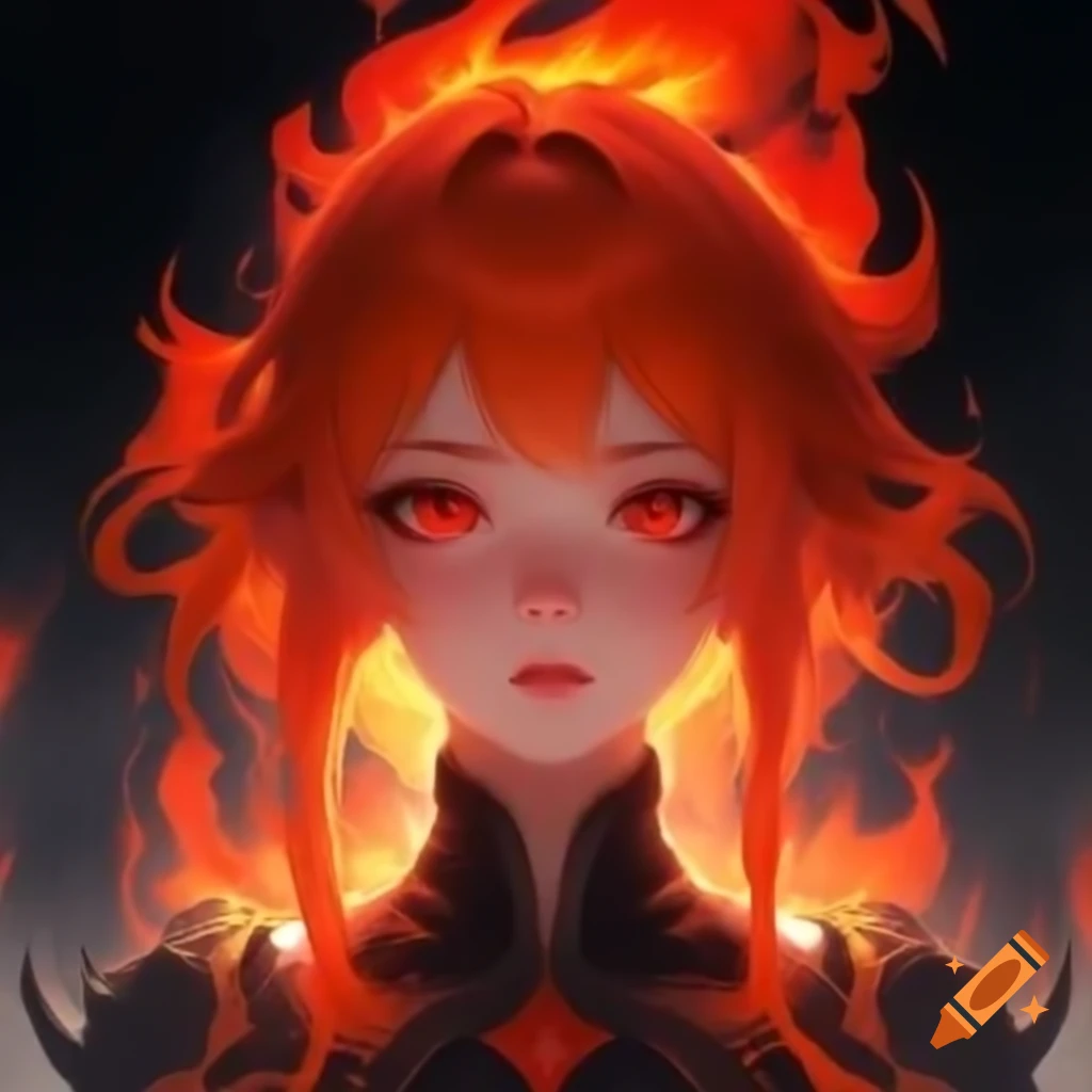Volcano-themed girl with red fire eyes and orange hair on Craiyon