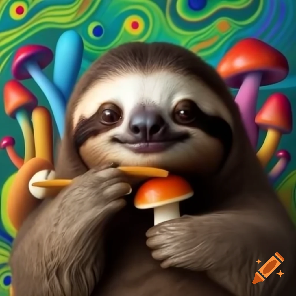 Sloth eating mushrooms in vibrant, trippy colors on Craiyon