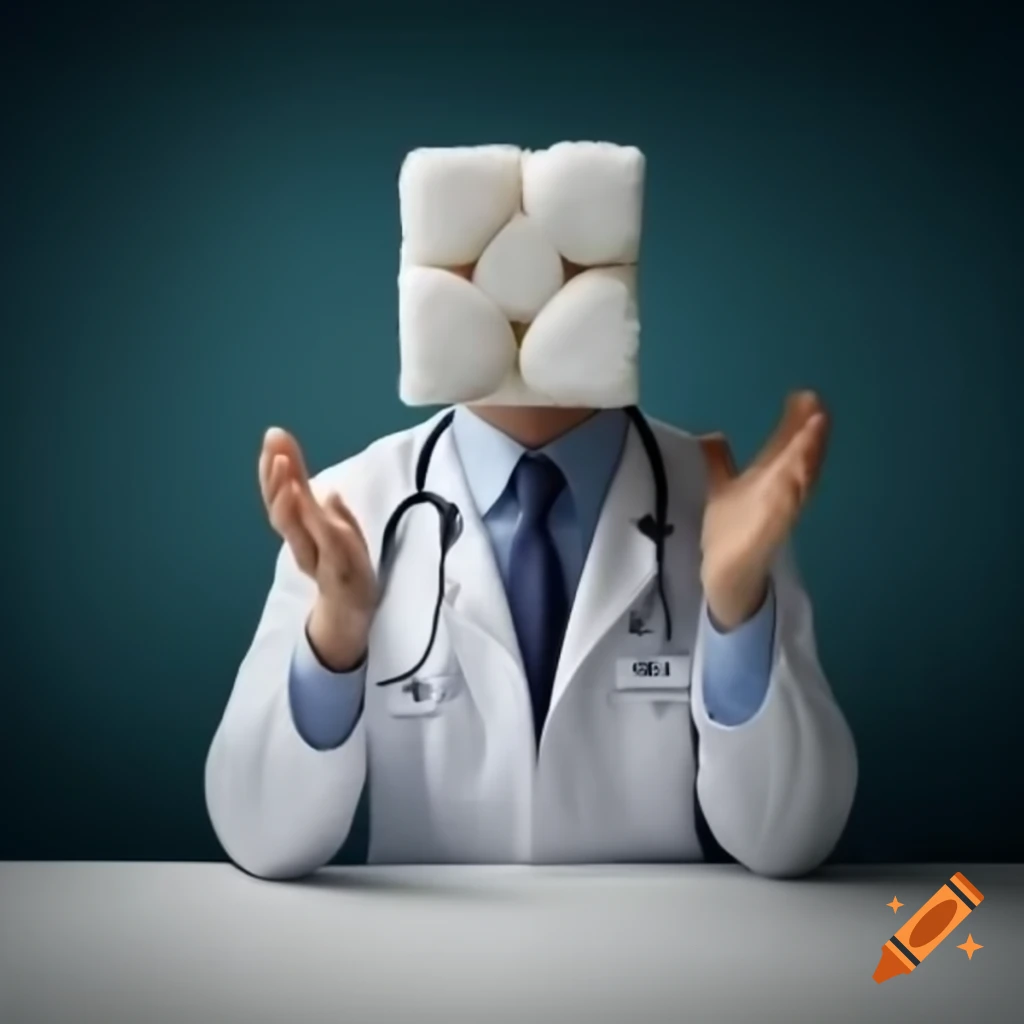Surreal illustration of a doctor with a cube of sugar as a head on Craiyon