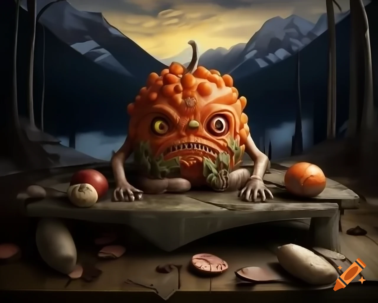 Orange fruit tree monster on weathered table in enchanting forest at ...