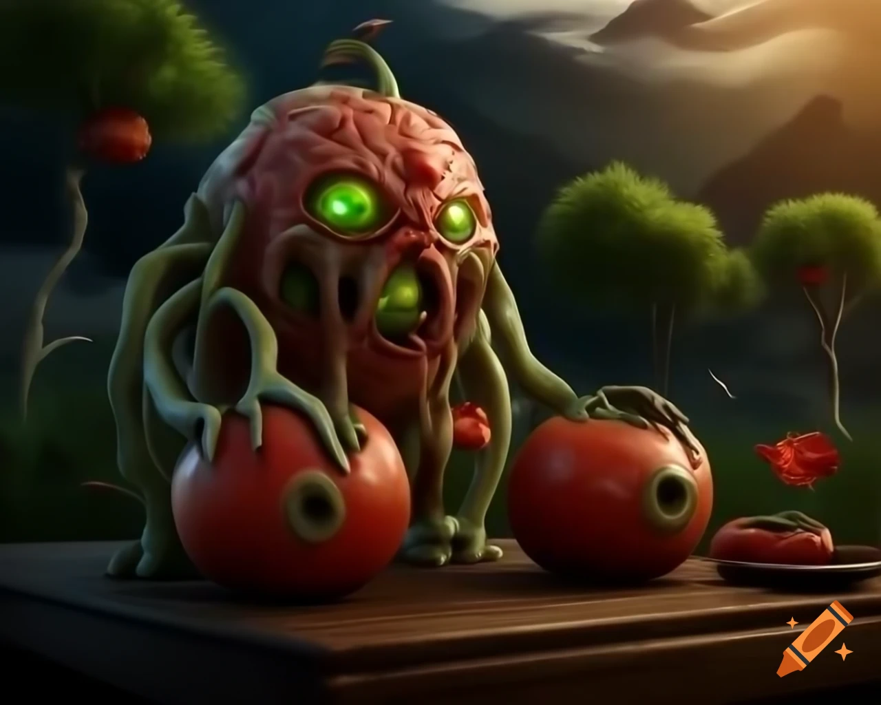 Grotesque tomato monster with greenish-red skin and bulging eyes on ...