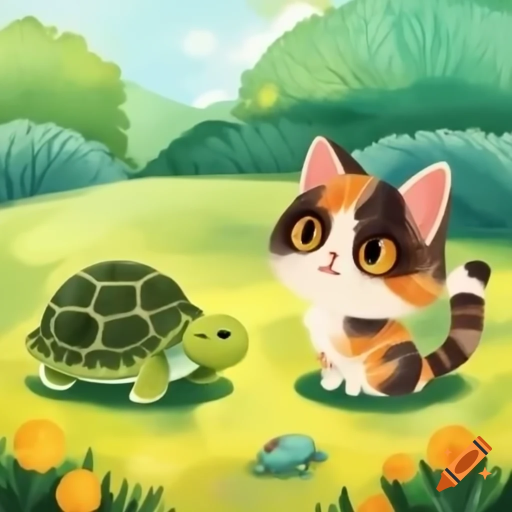 Calico cat, tabby cat, and turtle on sunny spring day on Craiyon
