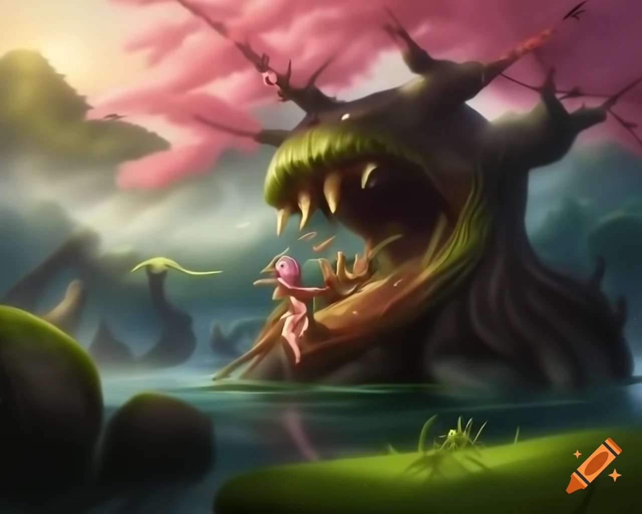 Captivating tree monster created from tree bark in micro photography on ...