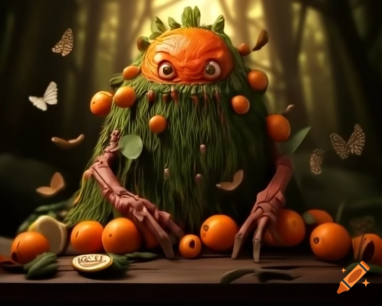 Hyper-realistic orange fruit monster in detailed front-facing view on ...