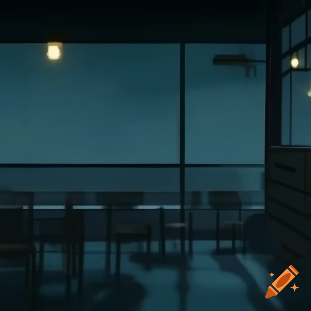 Empty anime-style cafe at twilight with warm lights and wooden ...