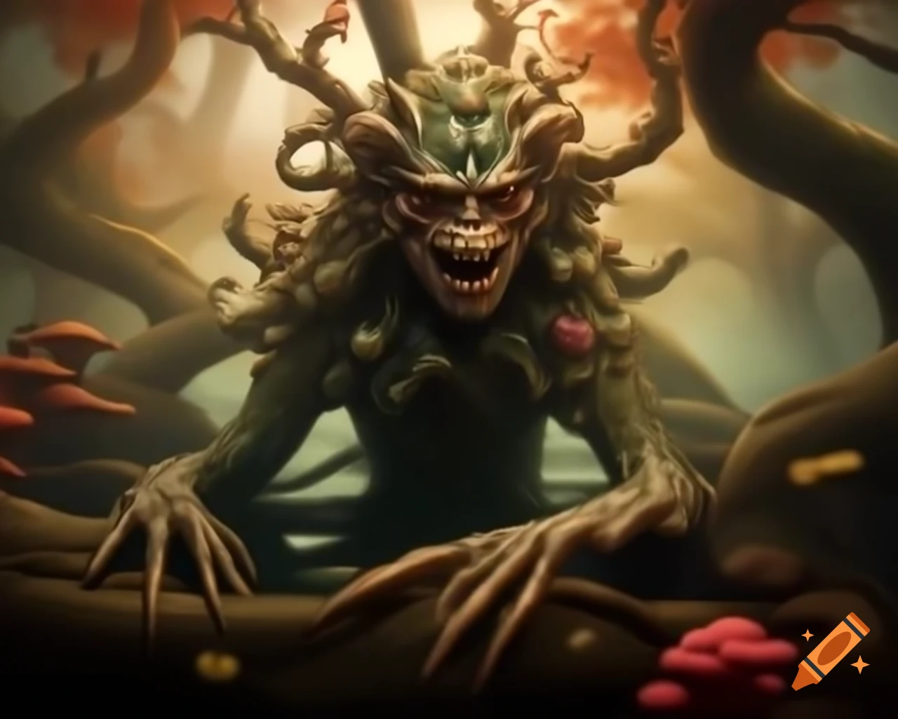 Humanoid Tree Monster in close-up portrait with golden forest backdrop ...