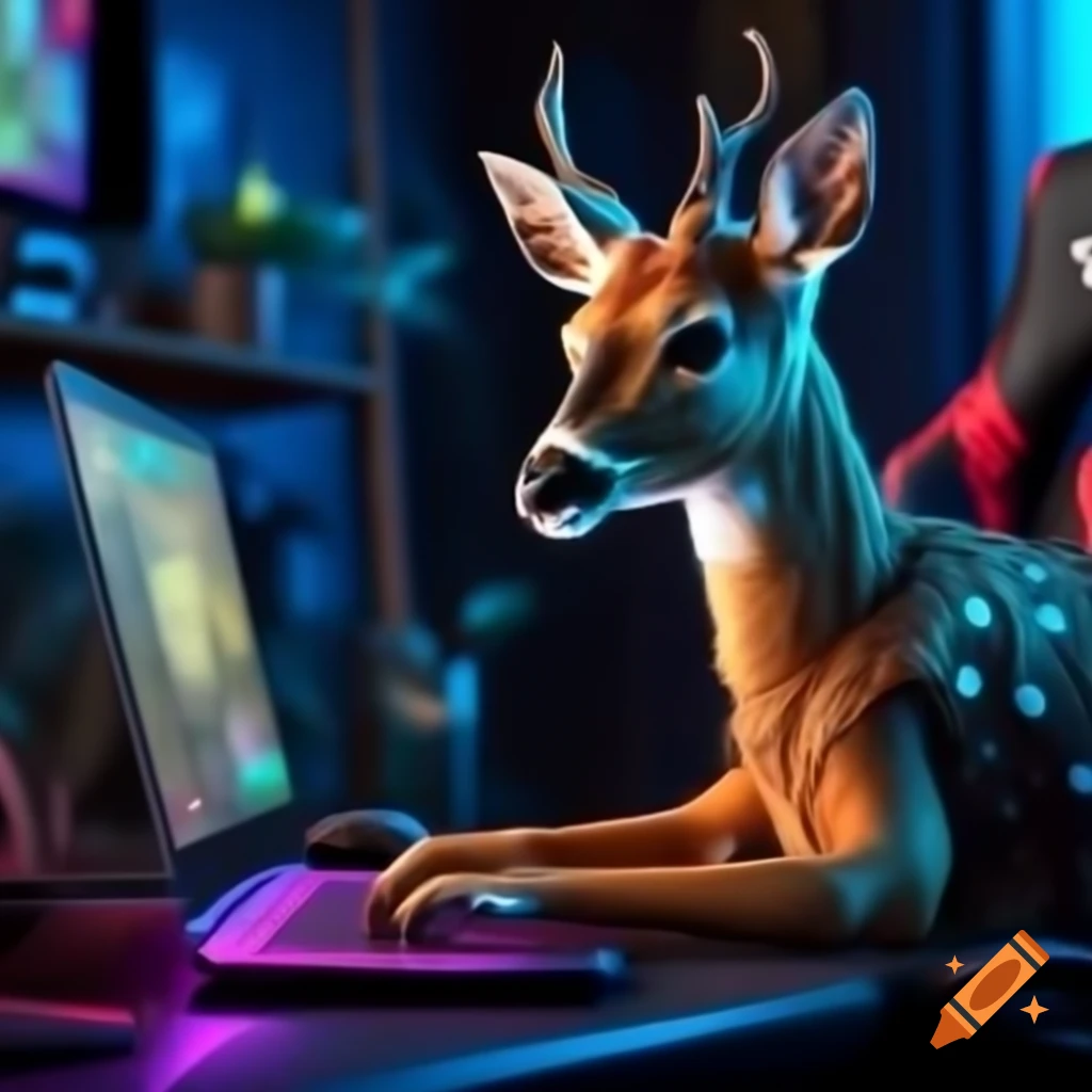 Roe deer using a laptop showcasing gaming skills on Craiyon