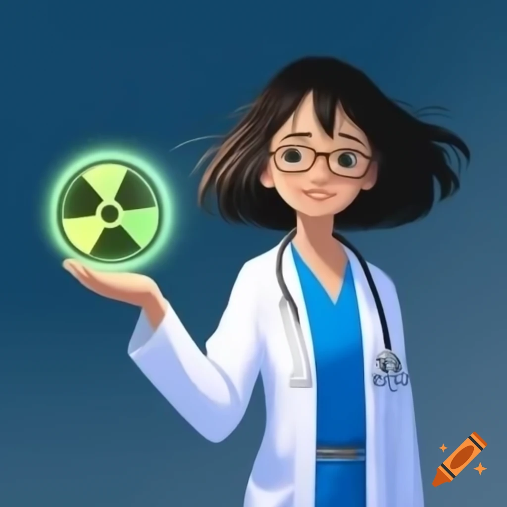 Ghibli style illustration of an Indian woman doctor holding radiation ...