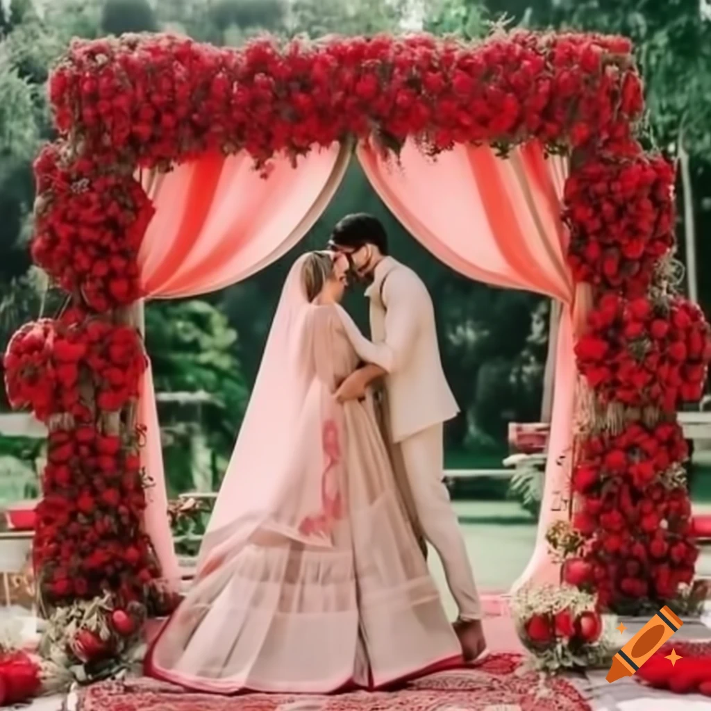 Pakistani wedding nikkah with red roses in garden under leafy canopy on ...
