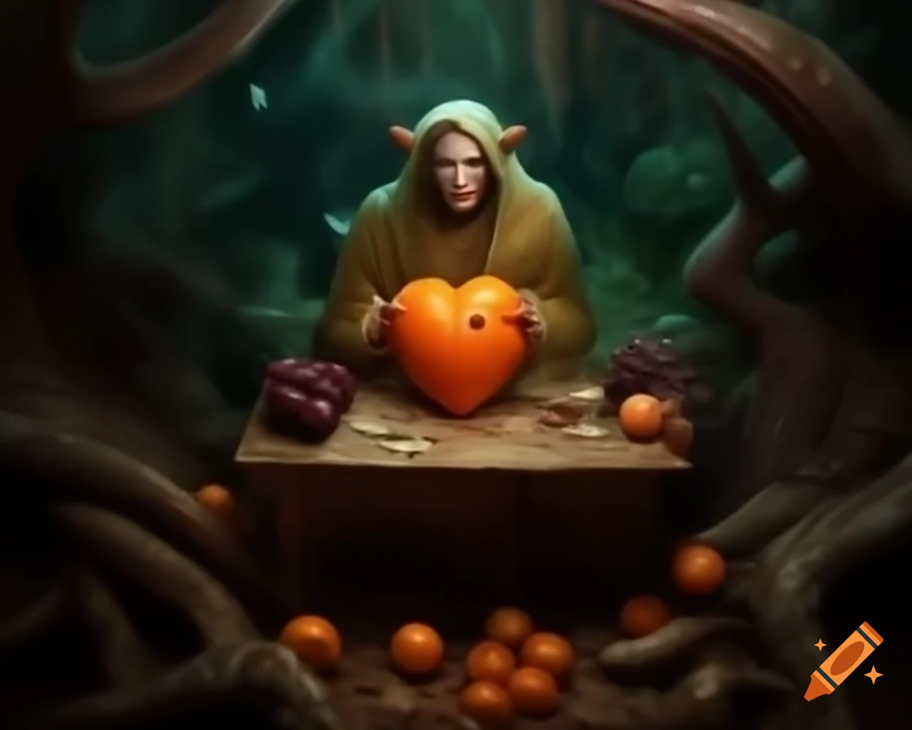 Humanoid monster made of rotten orange fruit in enchanting forest at ...