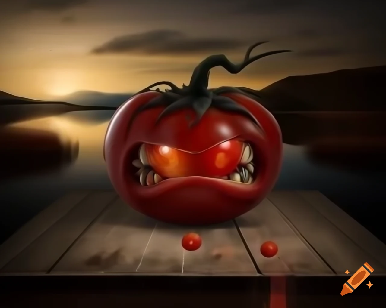 Eerie Tomato Fruit Monster with crimson skin and thorny appendages in ...