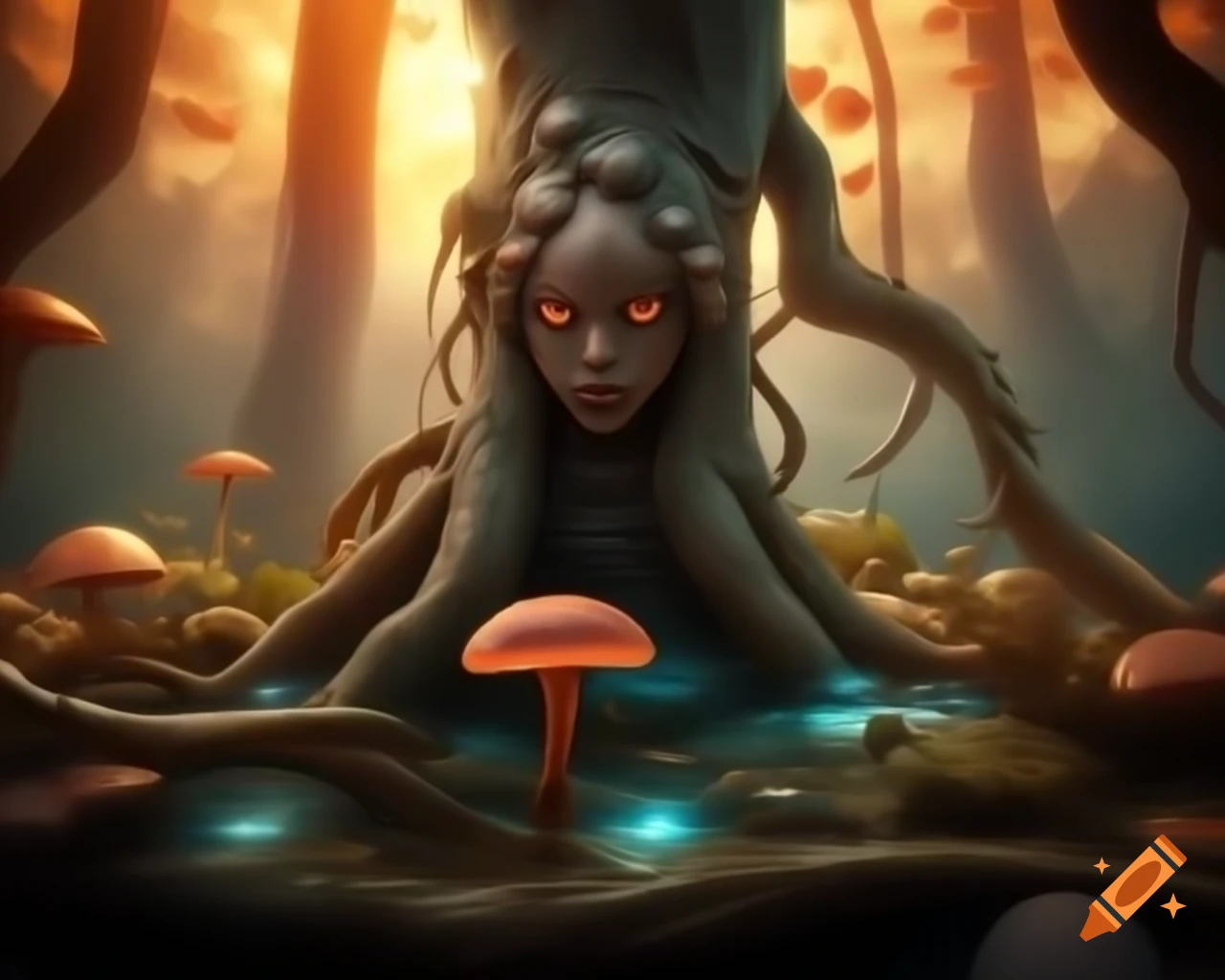 Humanoid Tree Monster close-up in golden forest at sunset on Craiyon