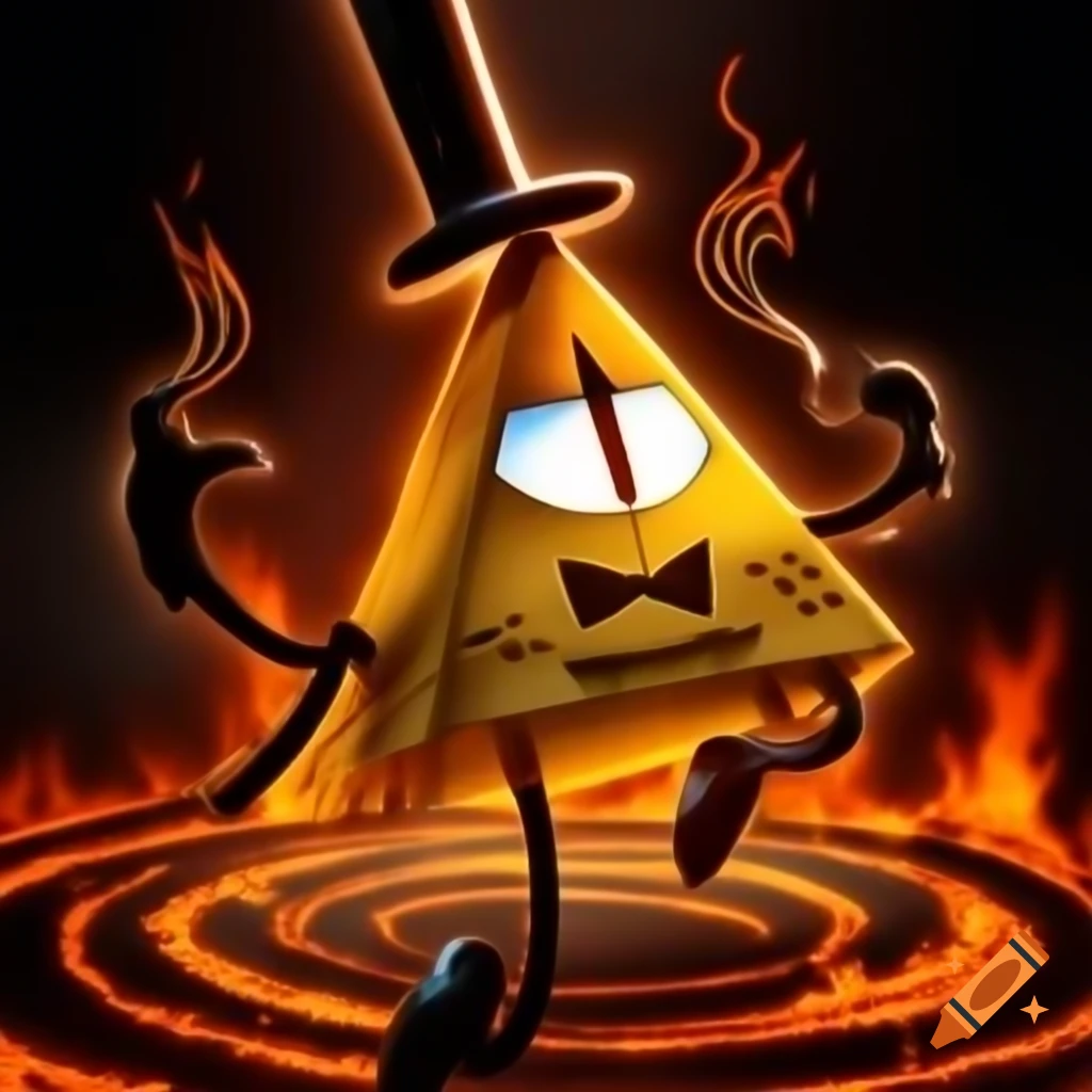 Bill Cipher in a dark atmosphere with flames and mystical symbols on Craiyon