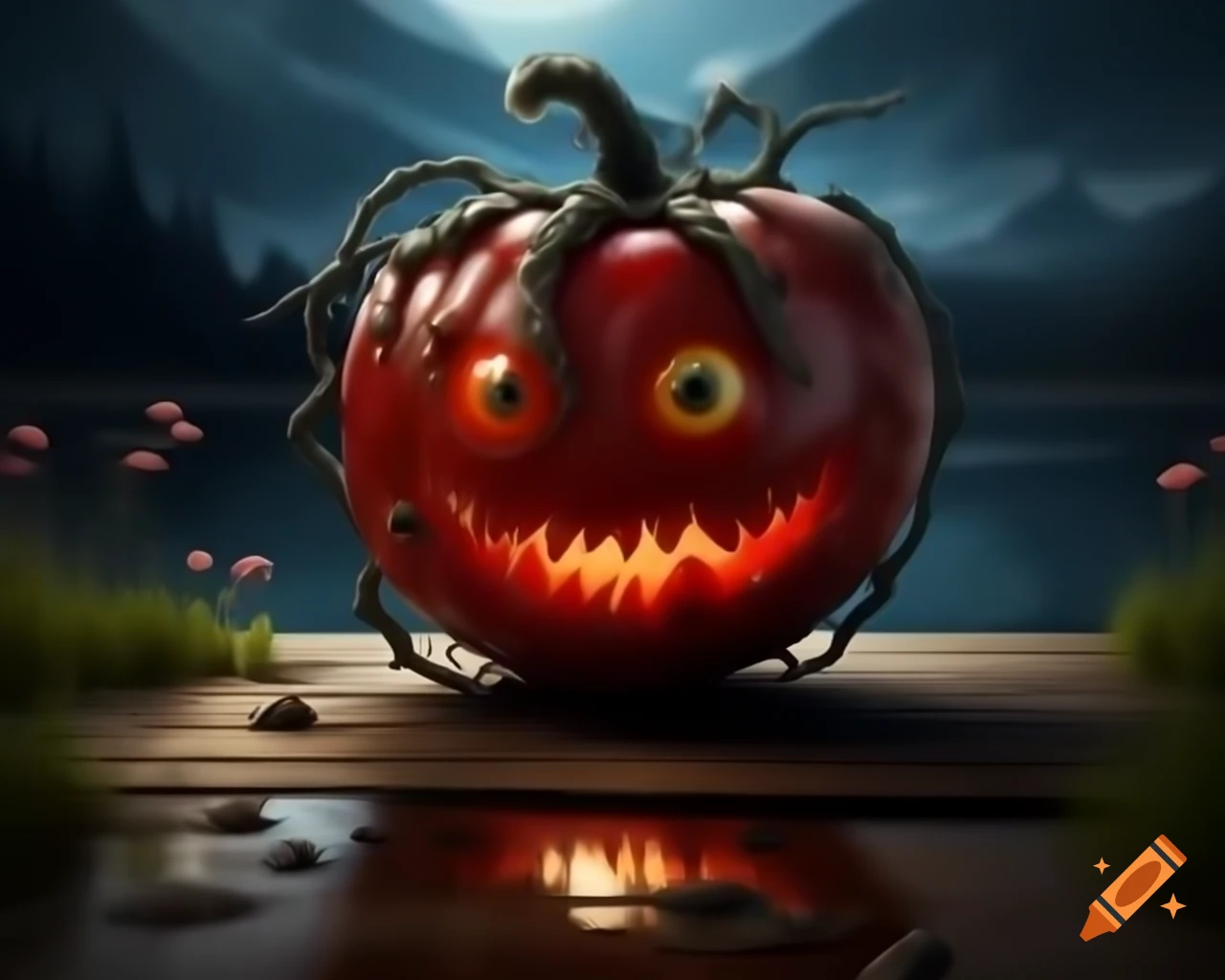 Tomato Fruit Monster with scaly skin and thorny appendages on wooden ...
