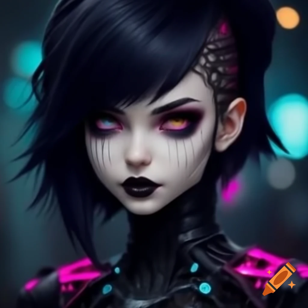 24-year-old with soft cyber-gothic style, long wavy purple-highlighted ...