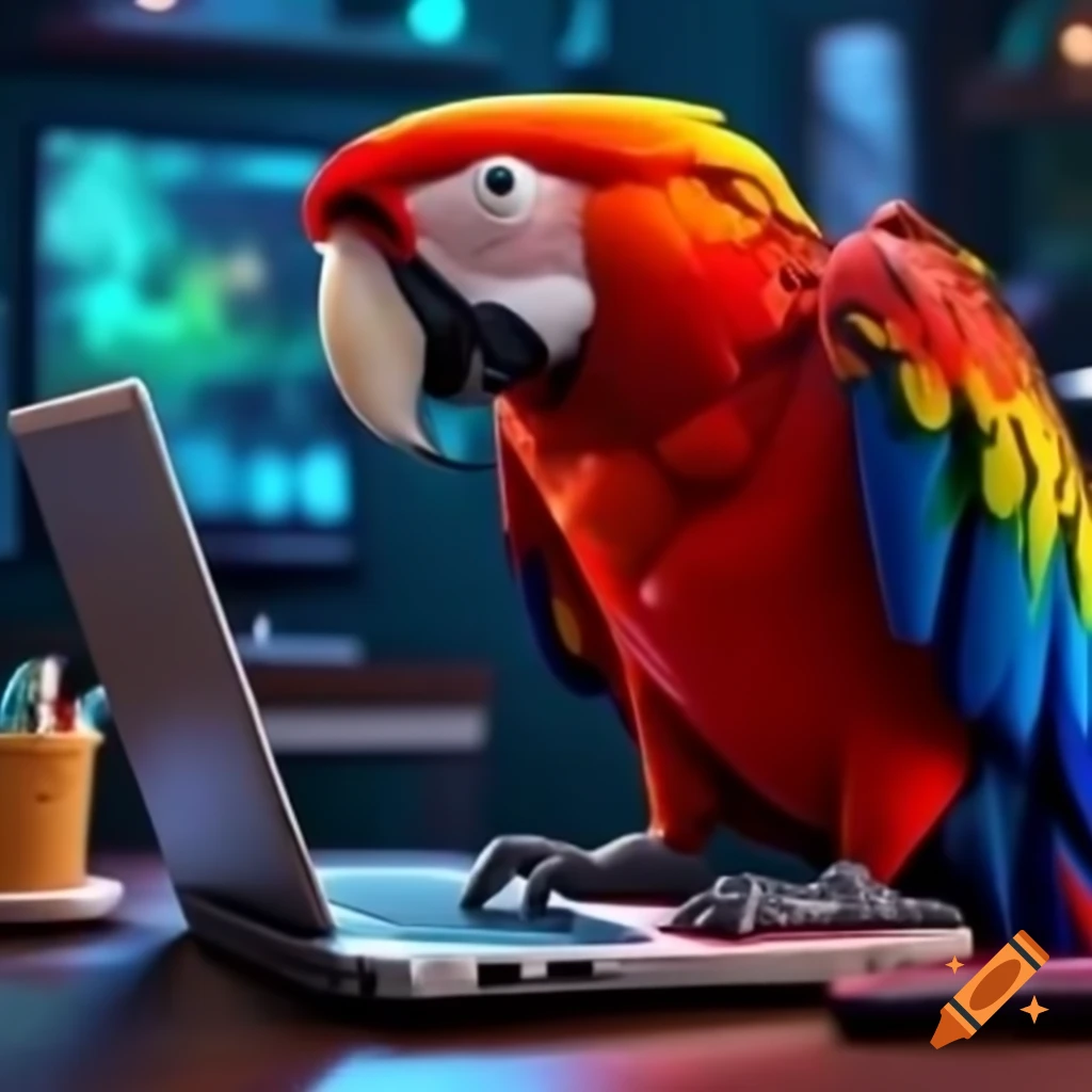 Parrot using a laptop showcasing gaming skills on Craiyon