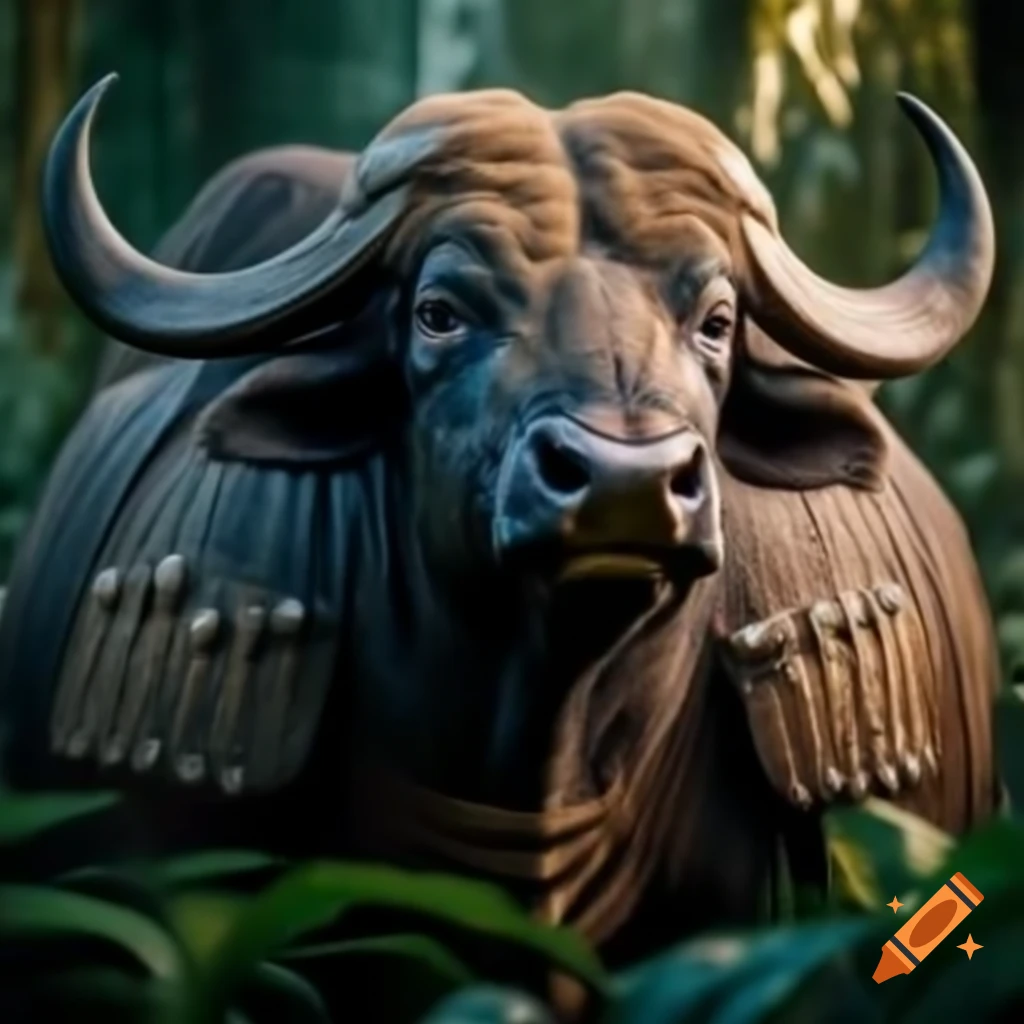 Water buffalo in armor with humanoid companion in rainforest on Craiyon